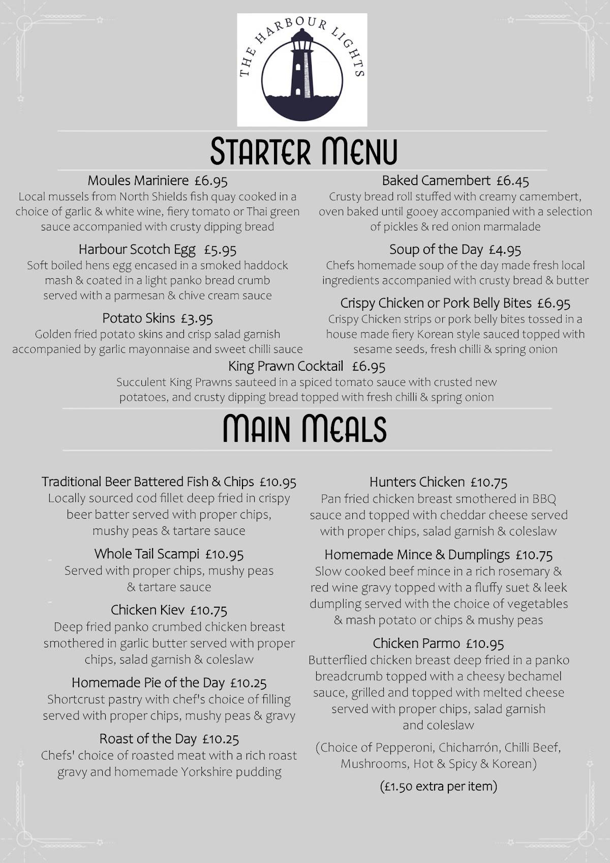 Menu at Harbour Lights Inn pub & bar, South Shields