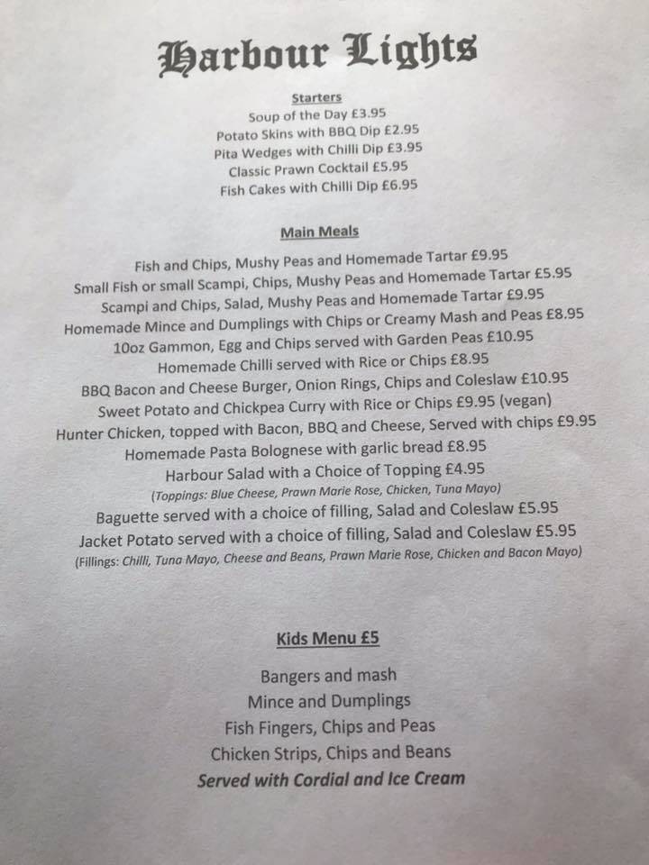 Menu at Harbour Lights Inn pub & bar, South Shields