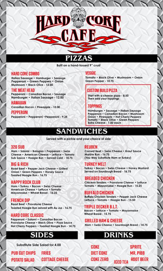 Menu at Hard Core Cafe, Gladstone