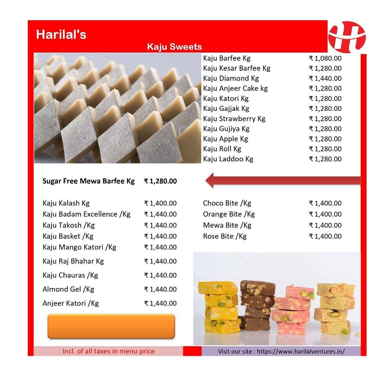 Menu at Harilal's, Patna, West Boring Canal Rd