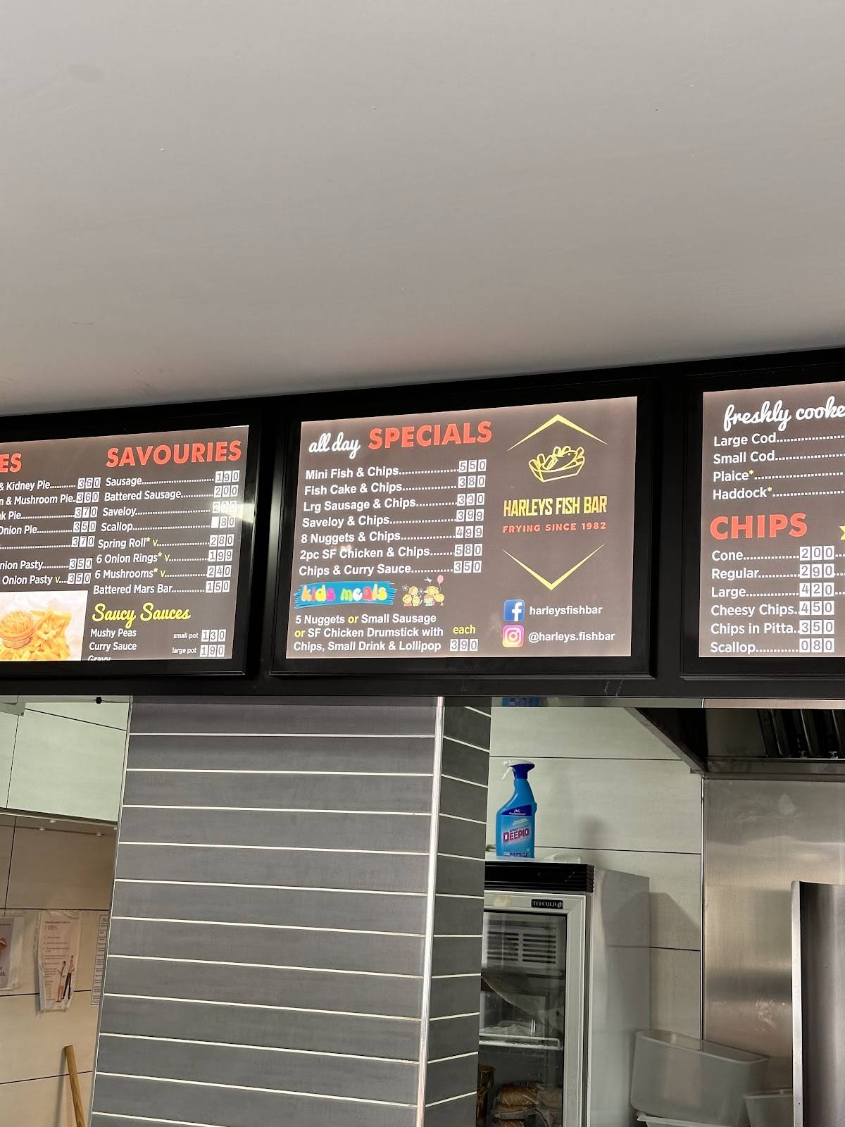 Menu at Harleys Fish Bar, Birmingham