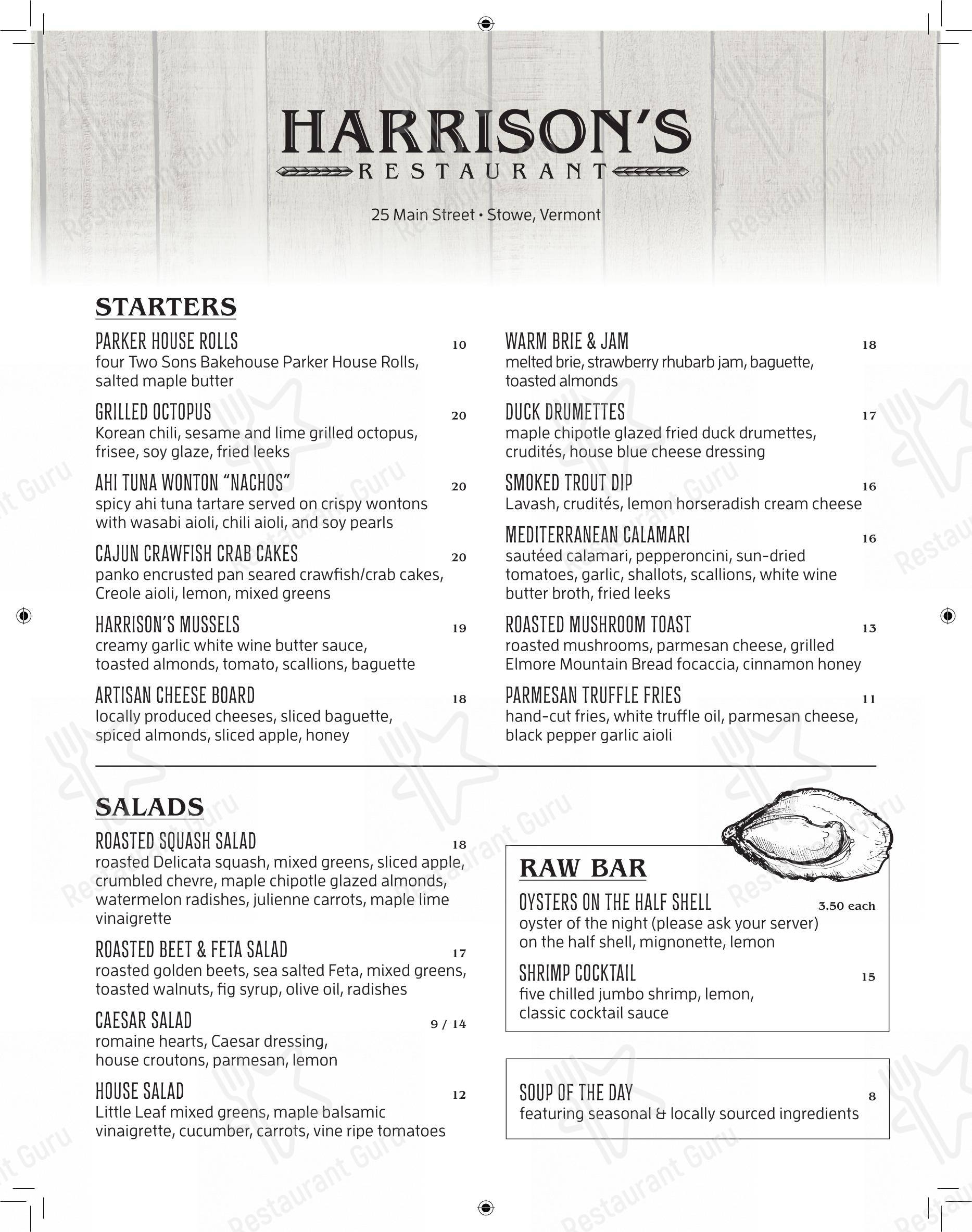 Carta de Harrison's Restaurant, Stowe