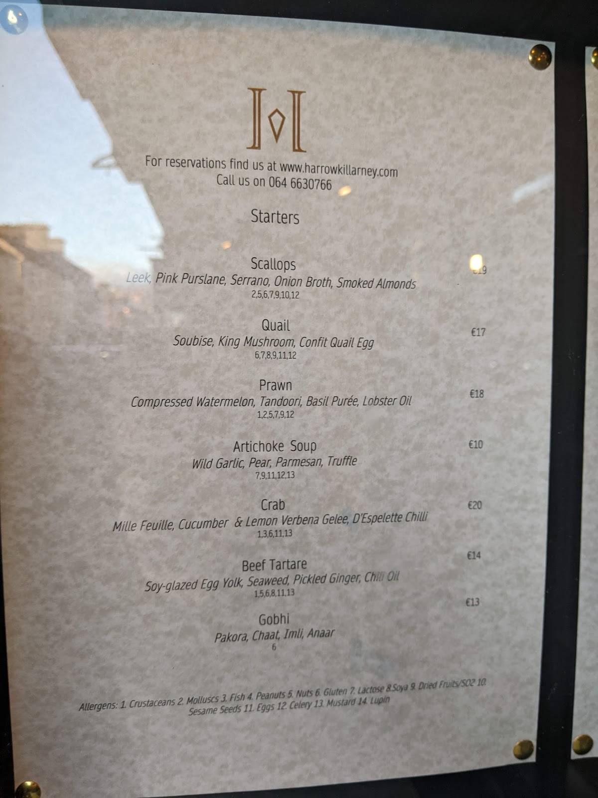 Menu at Harrow Killarney restaurant, Killarney