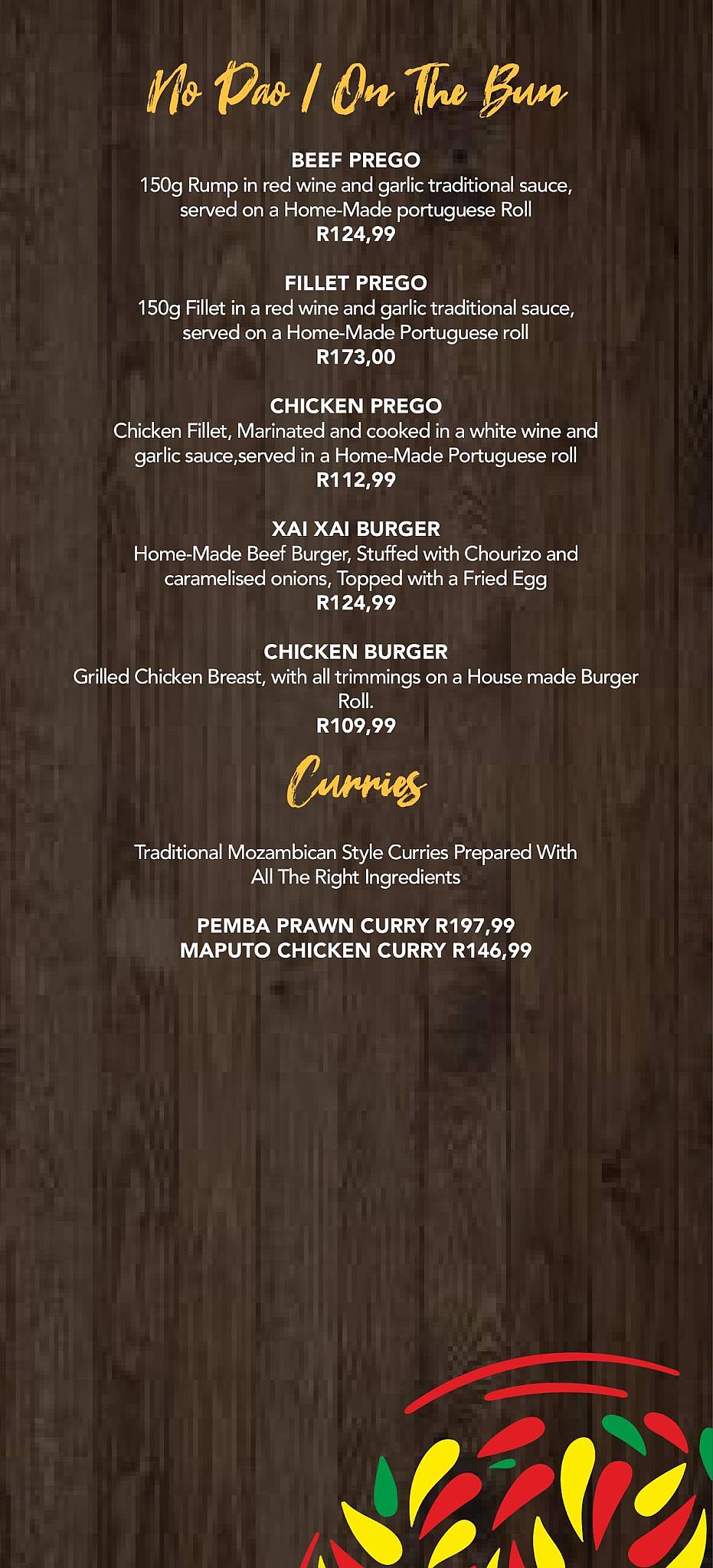 Menu at Pemba Mozambican Restaurant, Hartbeespoort