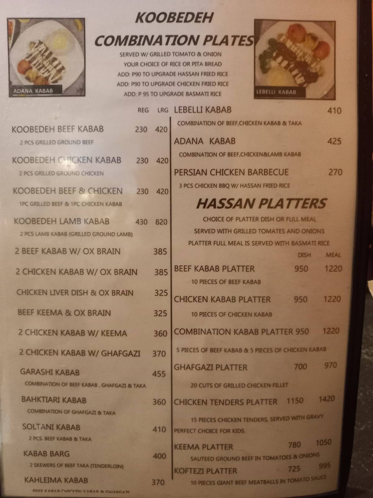 Menu at Hassan Kabab and Steaks restaurant, Quezon City, 9 Visayas Ave
