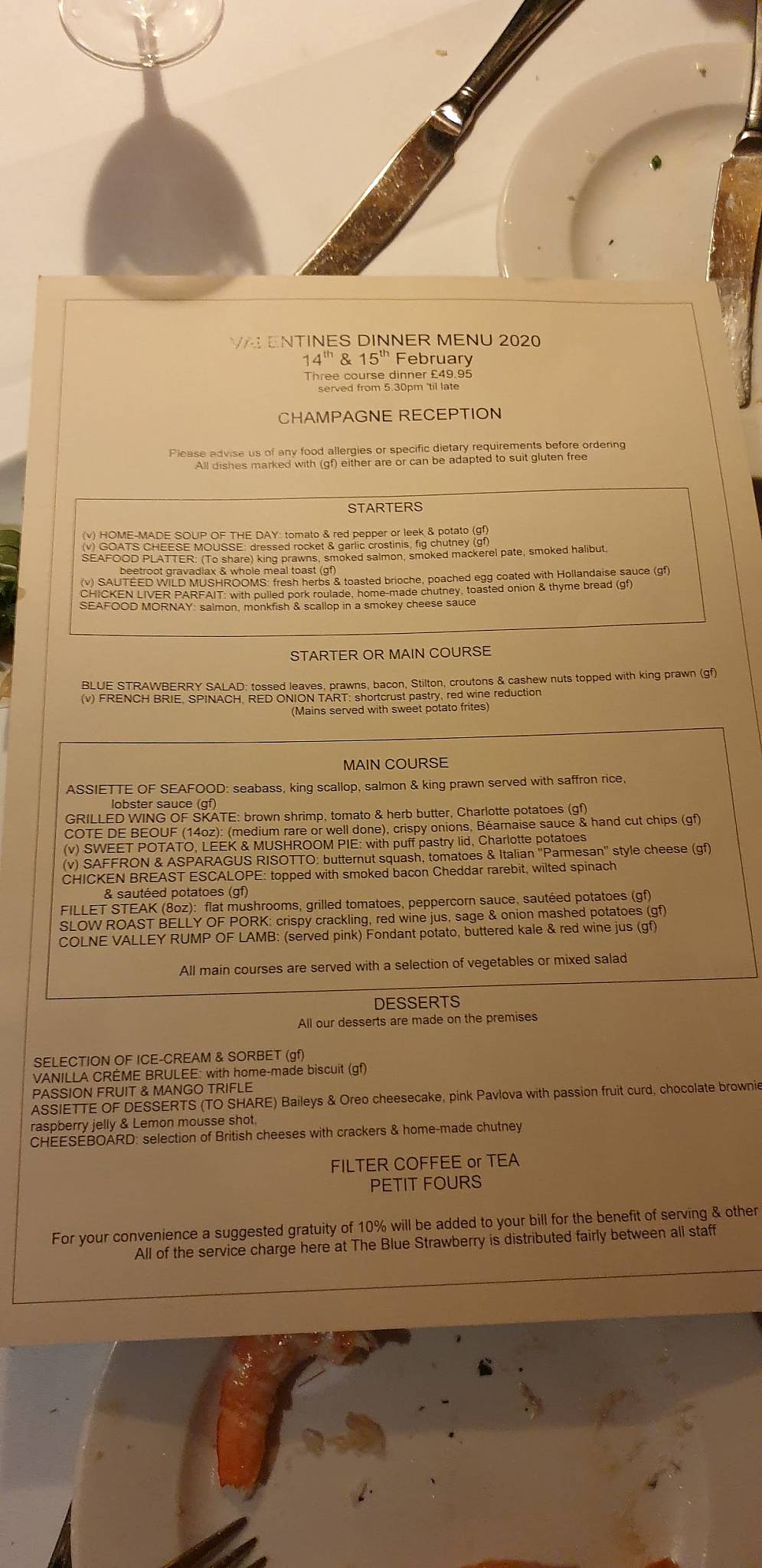 Menu at Blue Strawberry Bistrot restaurant, Hatfield Peverel
