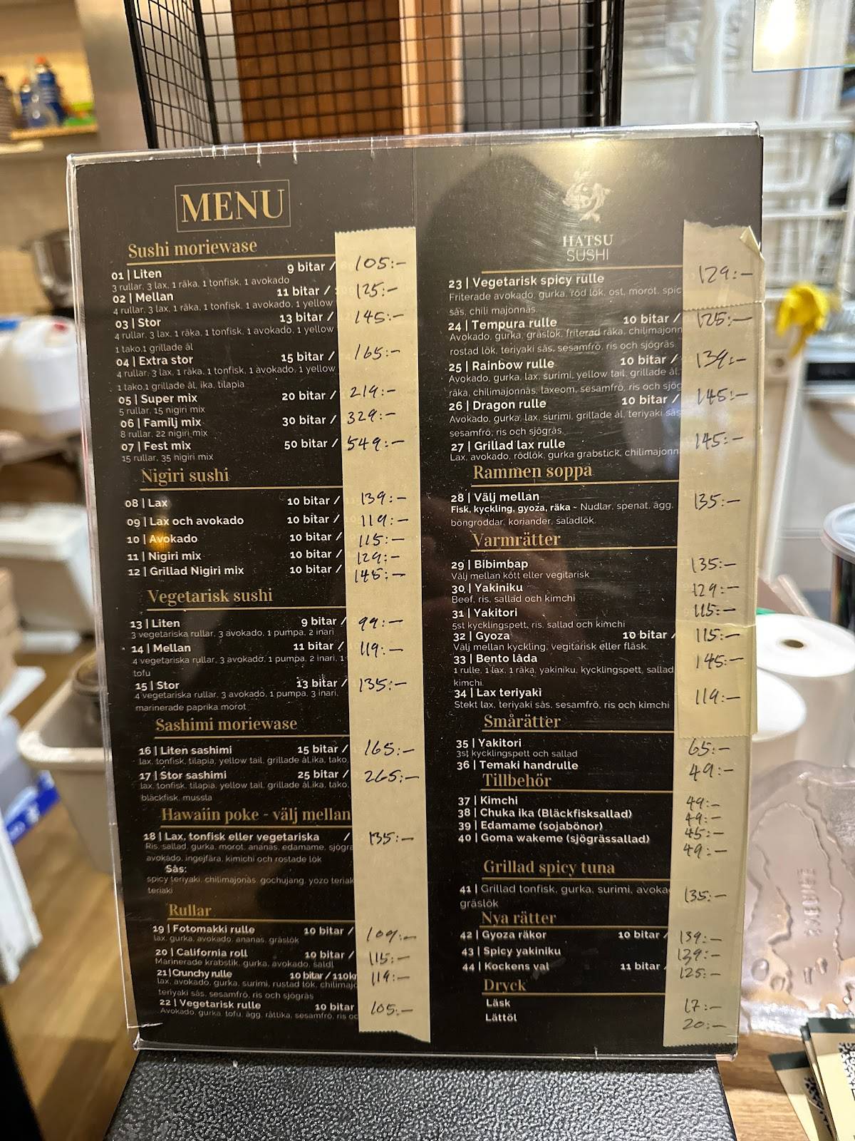 Menu at Hatsu Sushi restaurant, Uppsala