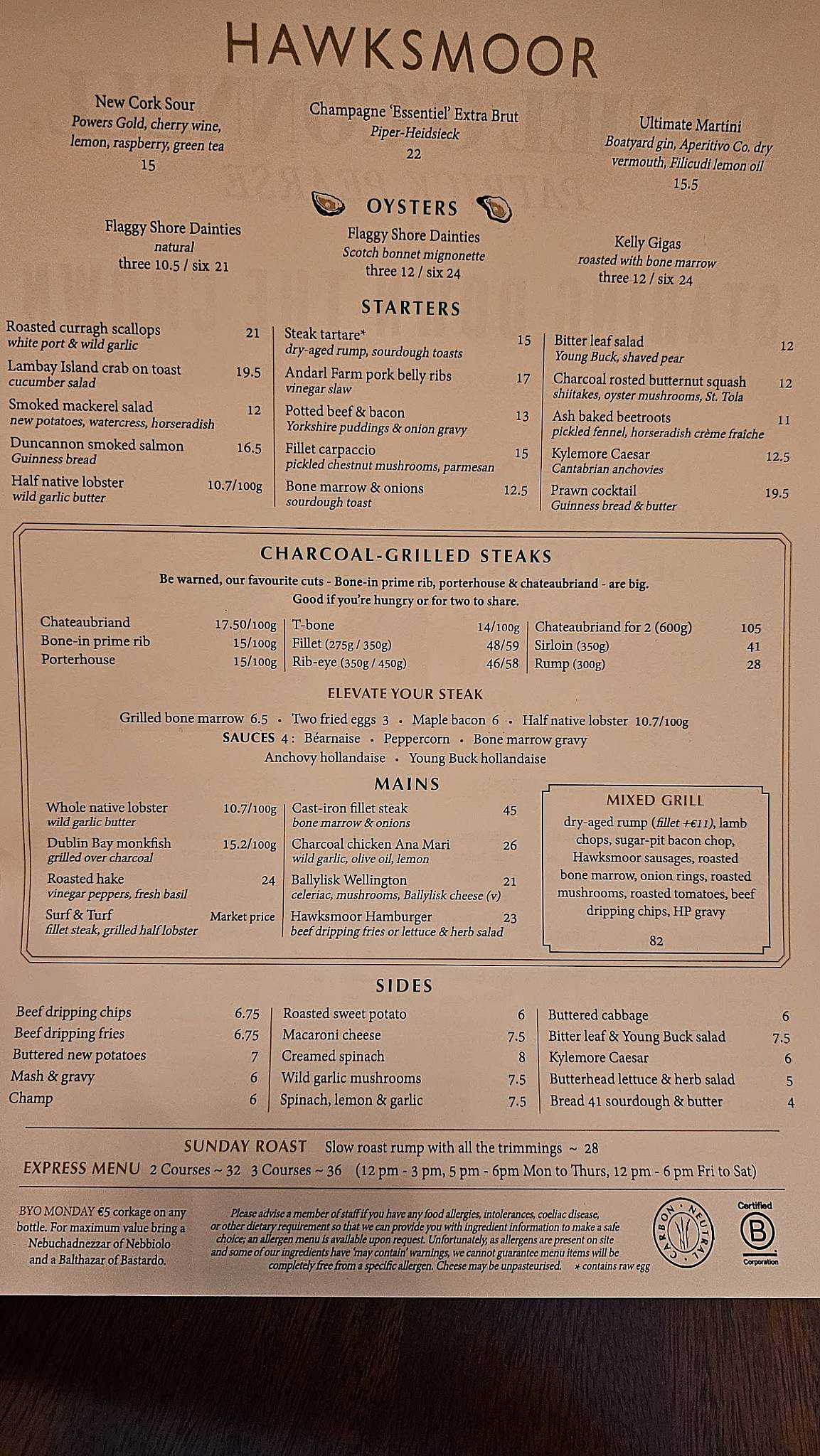 Menu at Hawksmoor Dublin restaurant, Dublin