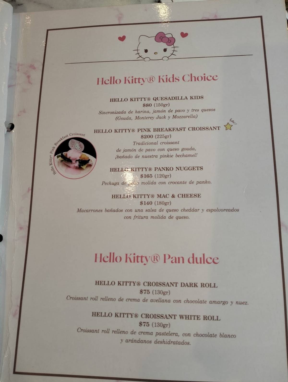 Menu at Hello Kitty Café Château, Mexico City