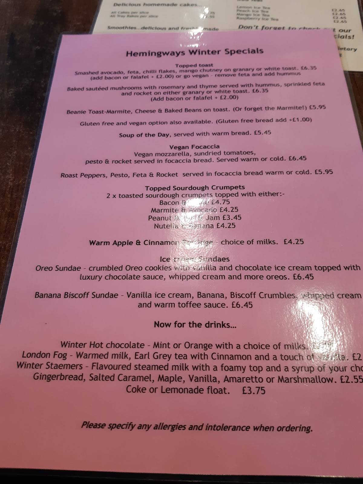 Menu at Hemingways of Haslemere pub & bar, Haslemere, 48 High St