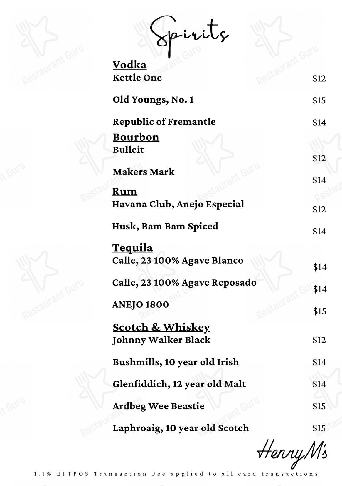 Menu at Henry M's restaurant, Manning