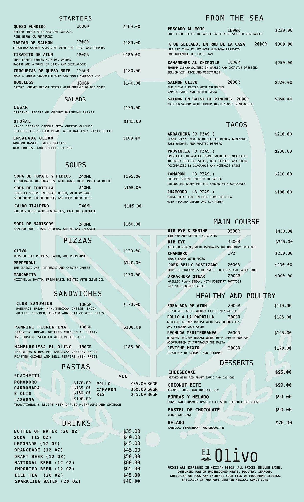 Carta de El Olivo Restaurante, Hermosillo