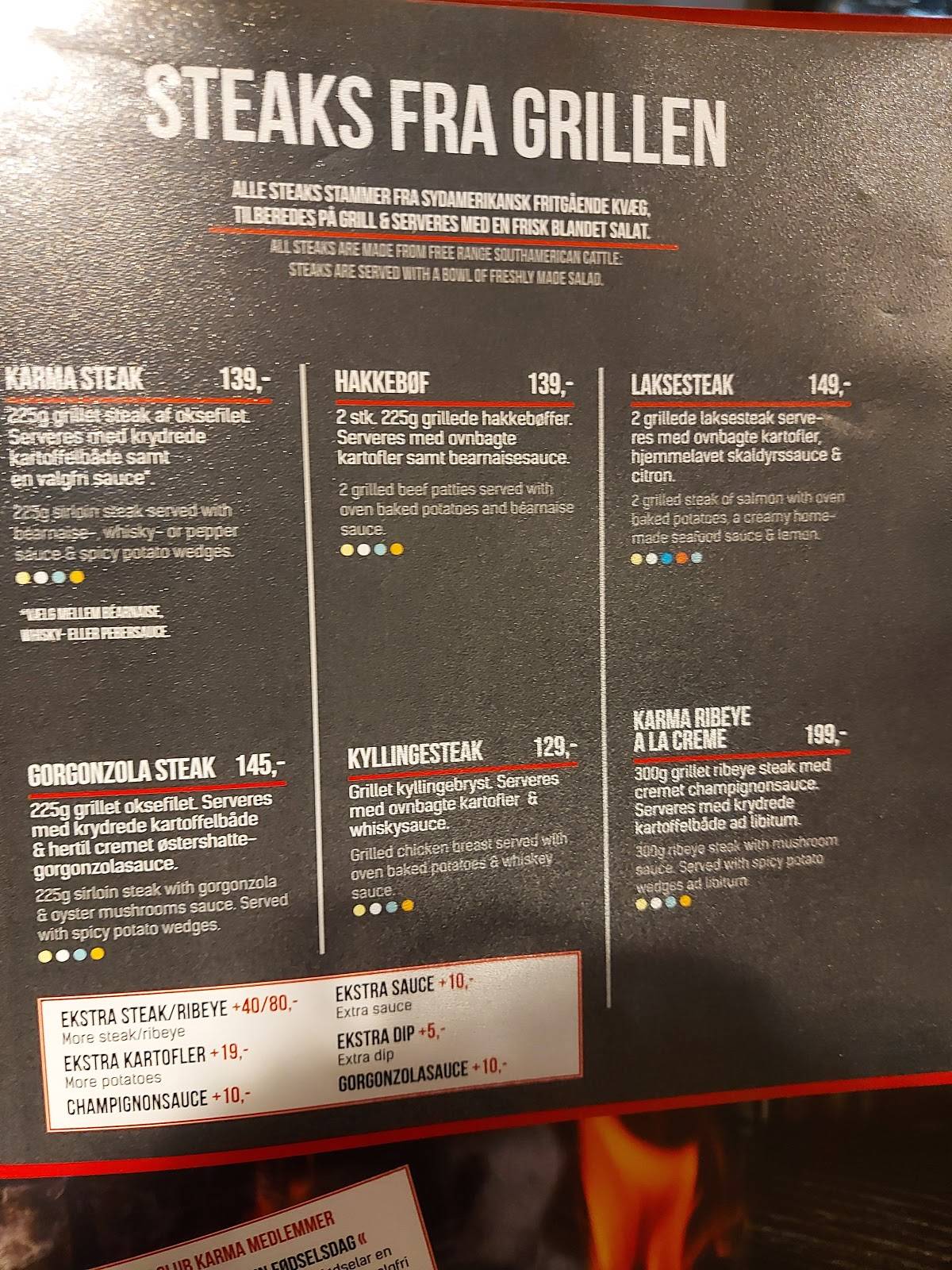 Menu at Karma cafe, Herning, Østergade 22