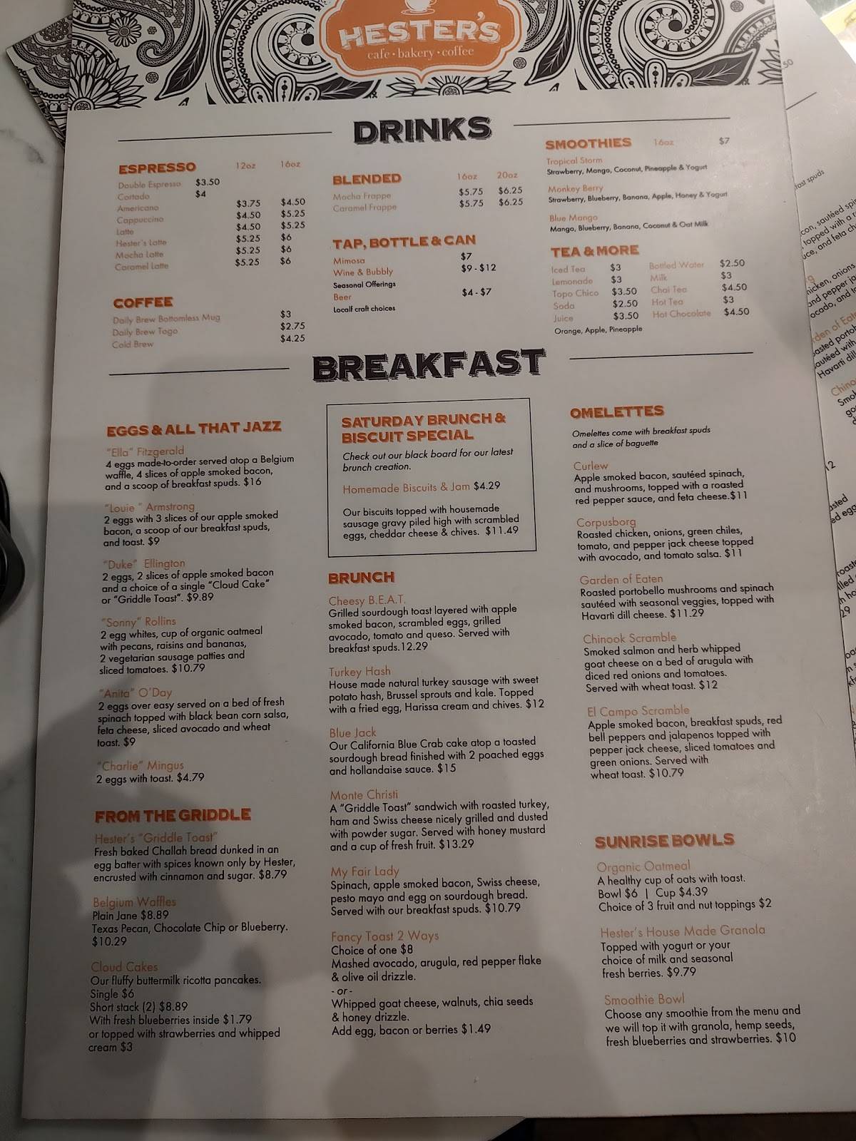 Menu at Hester's Cafe Six Points, Corpus Christi, S Alameda St