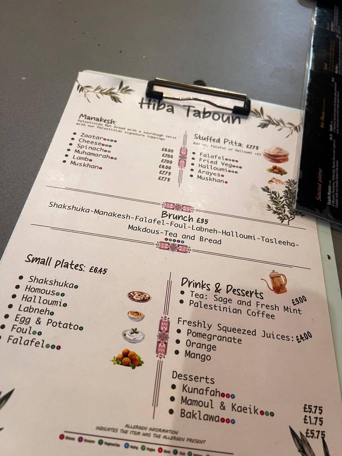 Menu at Hiba Taboun restaurant, London