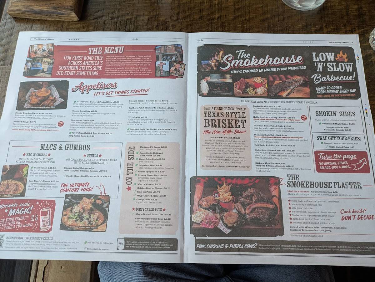 Menu at Hickory's Smokehouse Thornton restaurant, Blackpool