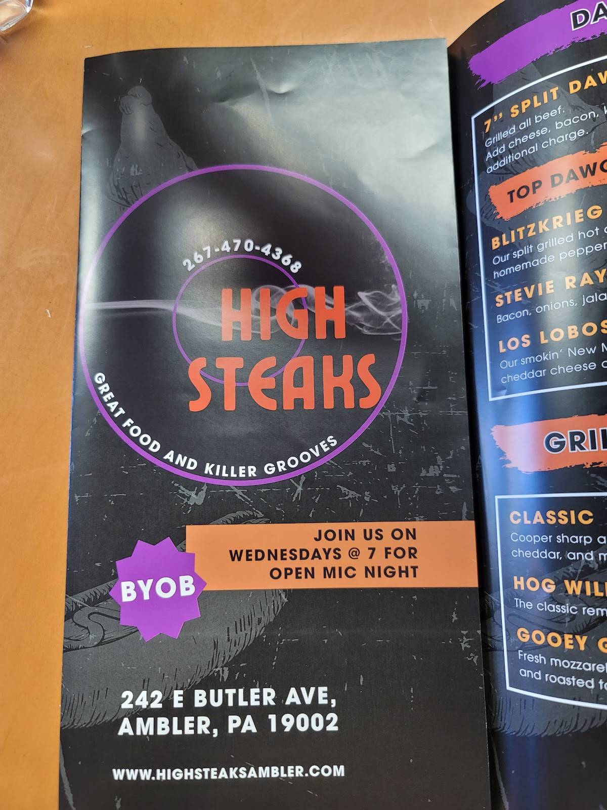 Menu at High Steaks restaurant, Ambler