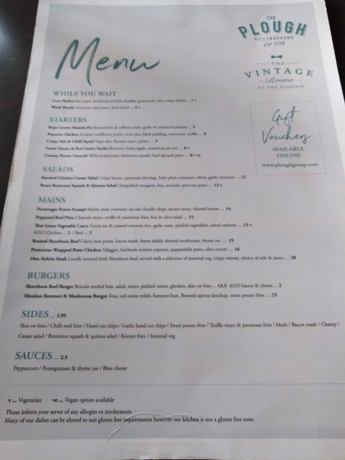 Menu at The Plough Inn pub & bar, Hillsborough