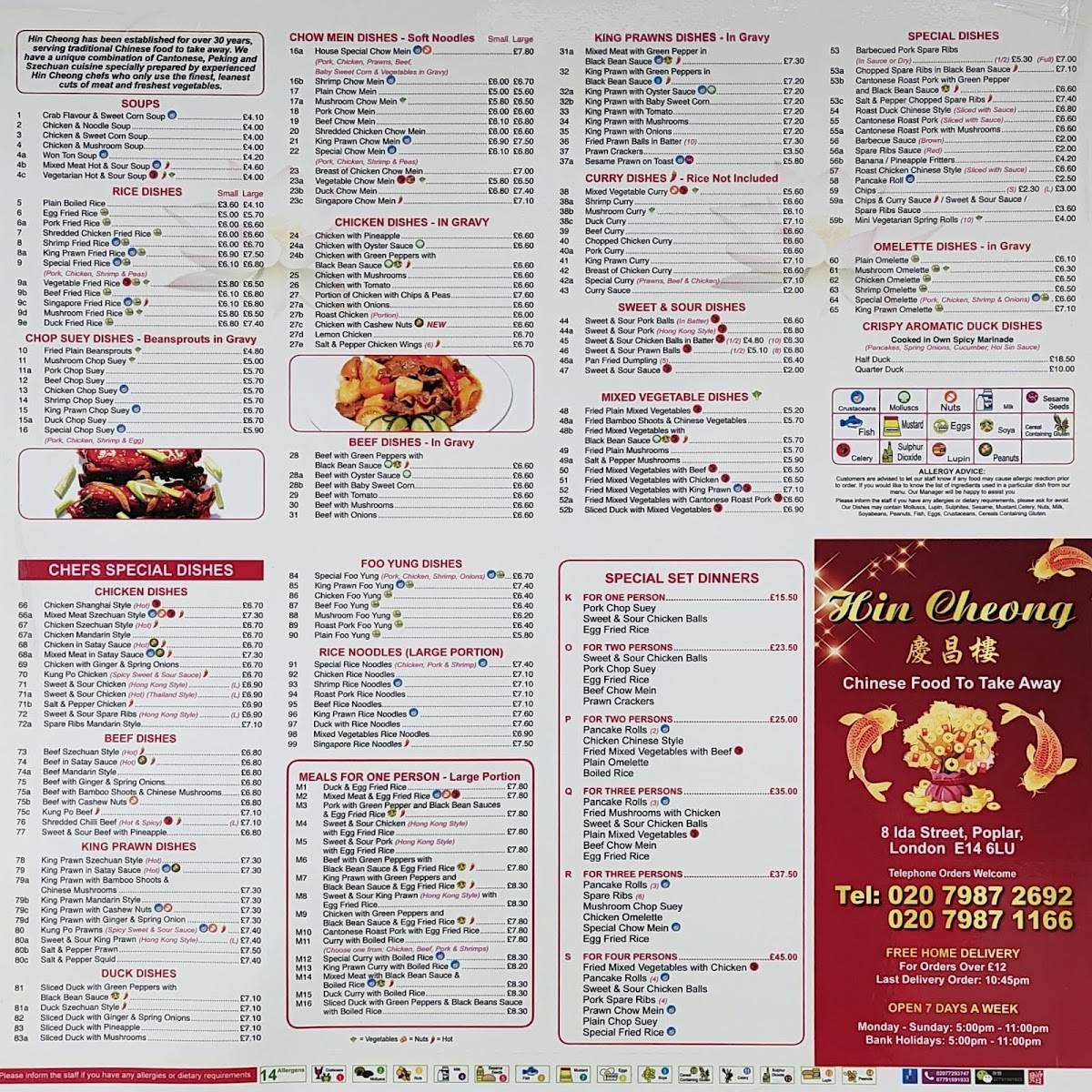 Menu at Hing Cheong restaurant, London