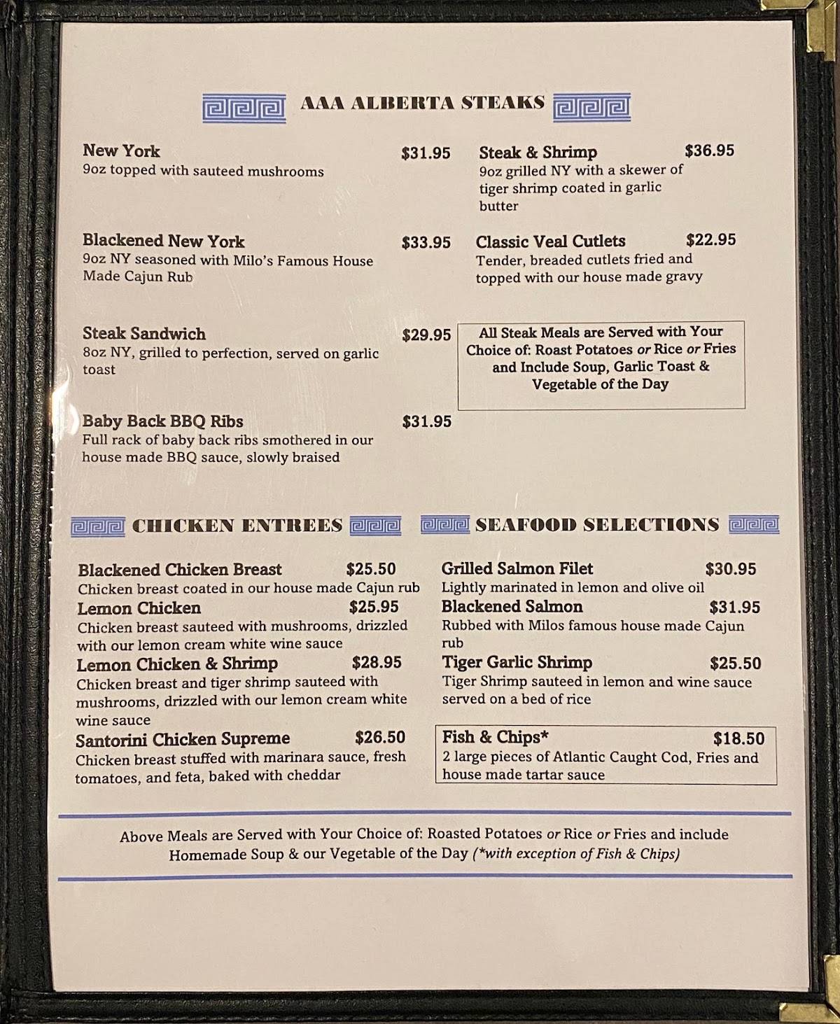 Menu at Milos Grill steakhouse, Hinton, 120 Felaber Rd