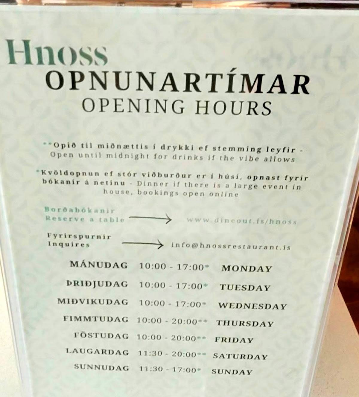 Menu at Hnoss restaurant, Reykjavík