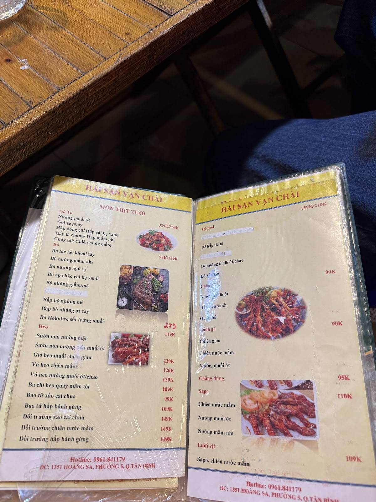 Menu at Hải Sản Vạn Chài restaurant, Ho Chi Minh City, Đ. Hoàng Sa