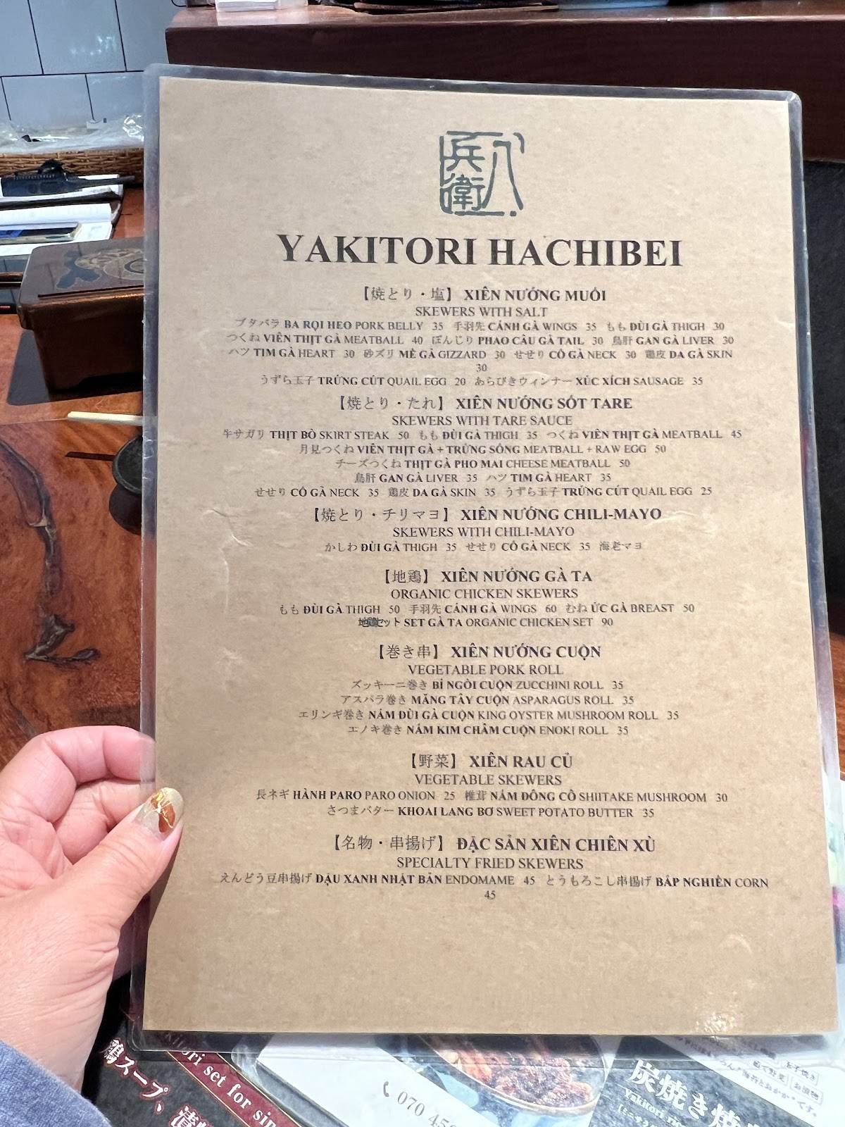 Menu at YAKITORI HACHIBEI restaurant, Ho Chi Minh City