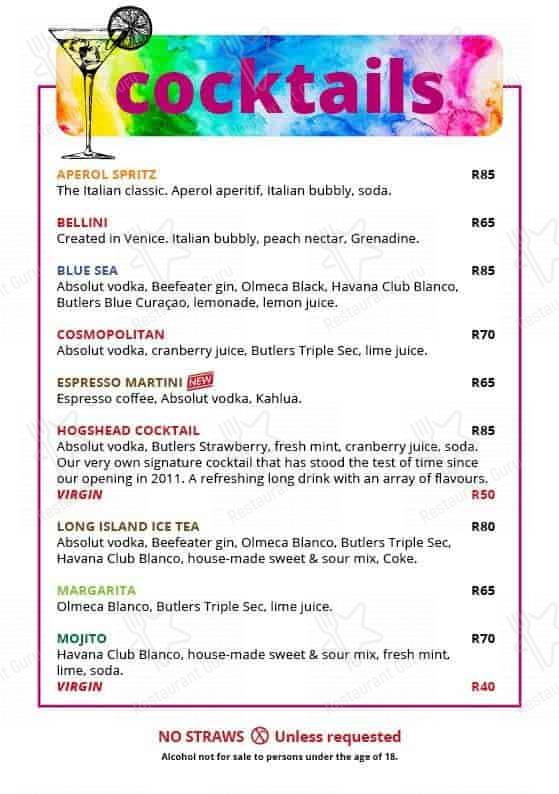Menu at Hogshead Rock Cottage pub & bar, Johannesburg, Rock Cottage ...