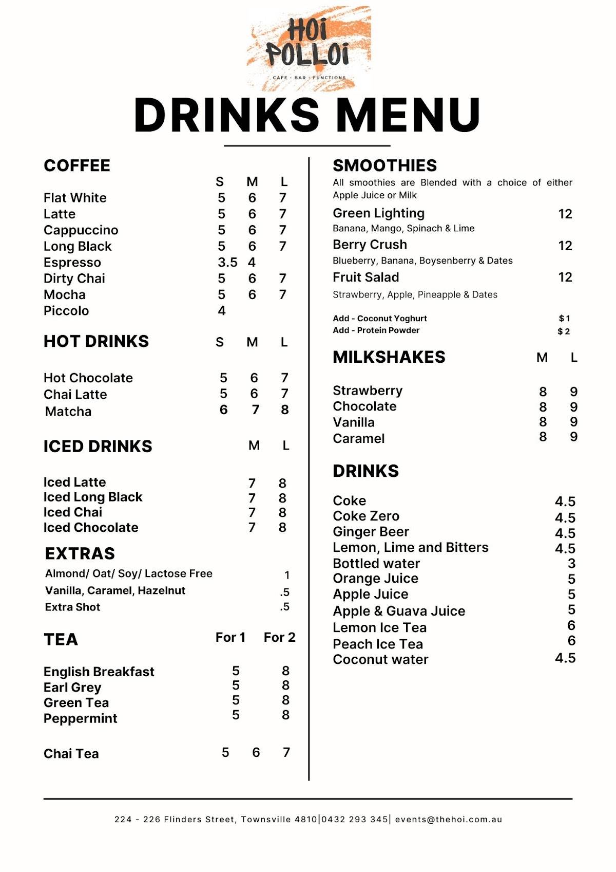 Menu at Hoi Polloi Cafe, Townsville City
