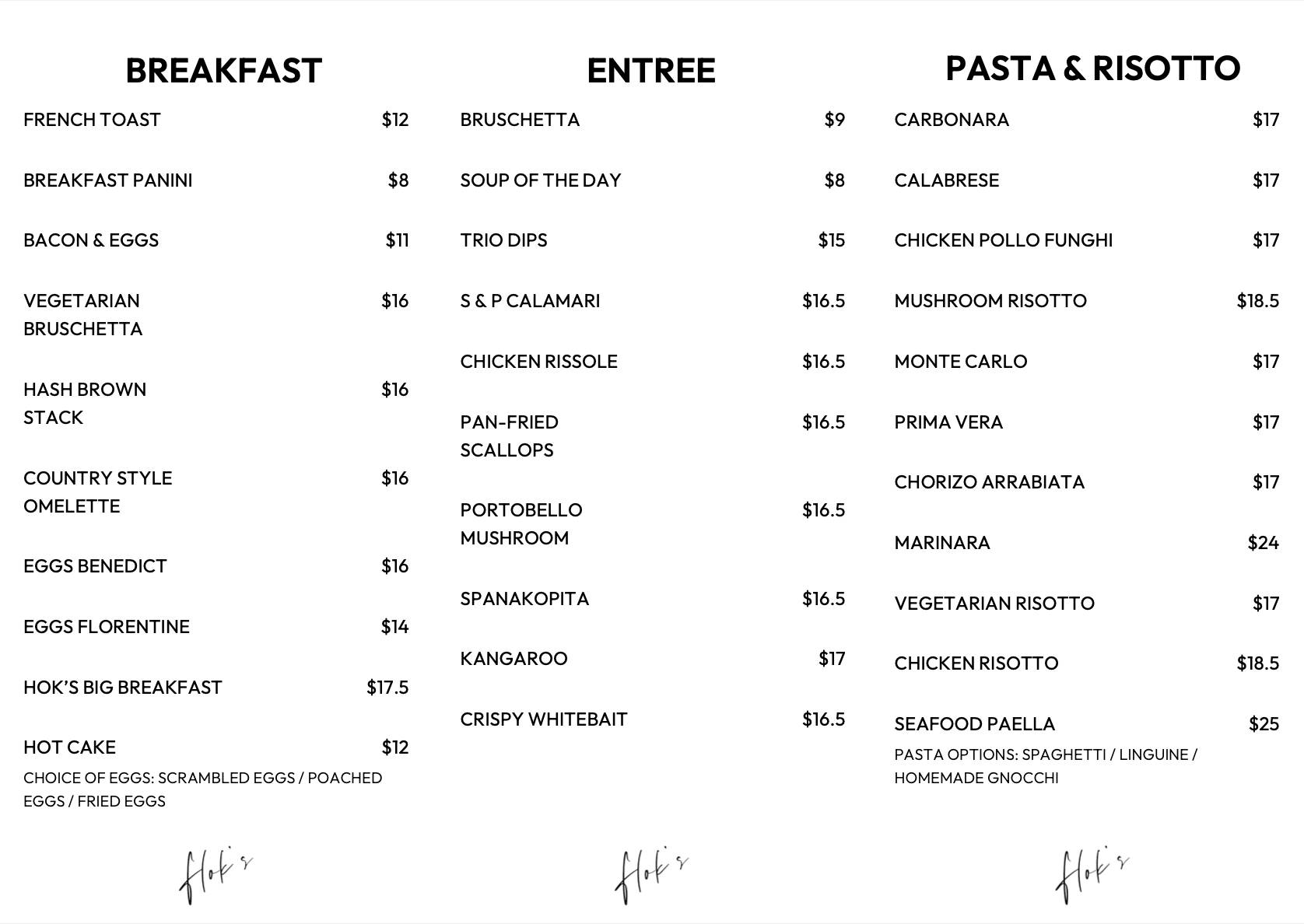 Menu at Hok's Cafe & Restaurant, Lilydale