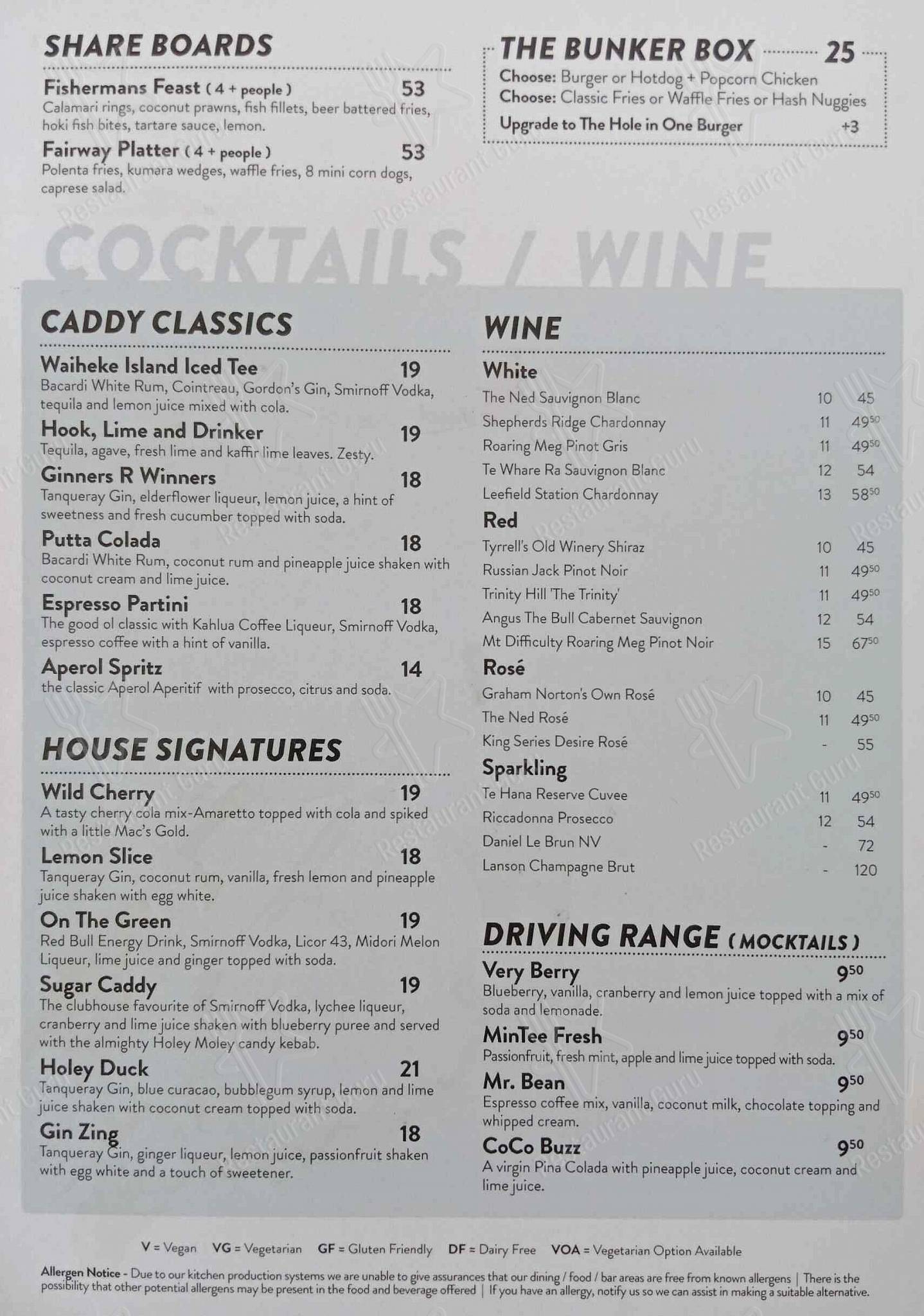 Menu at Holey Moley Golf Club Auckland, Auckland