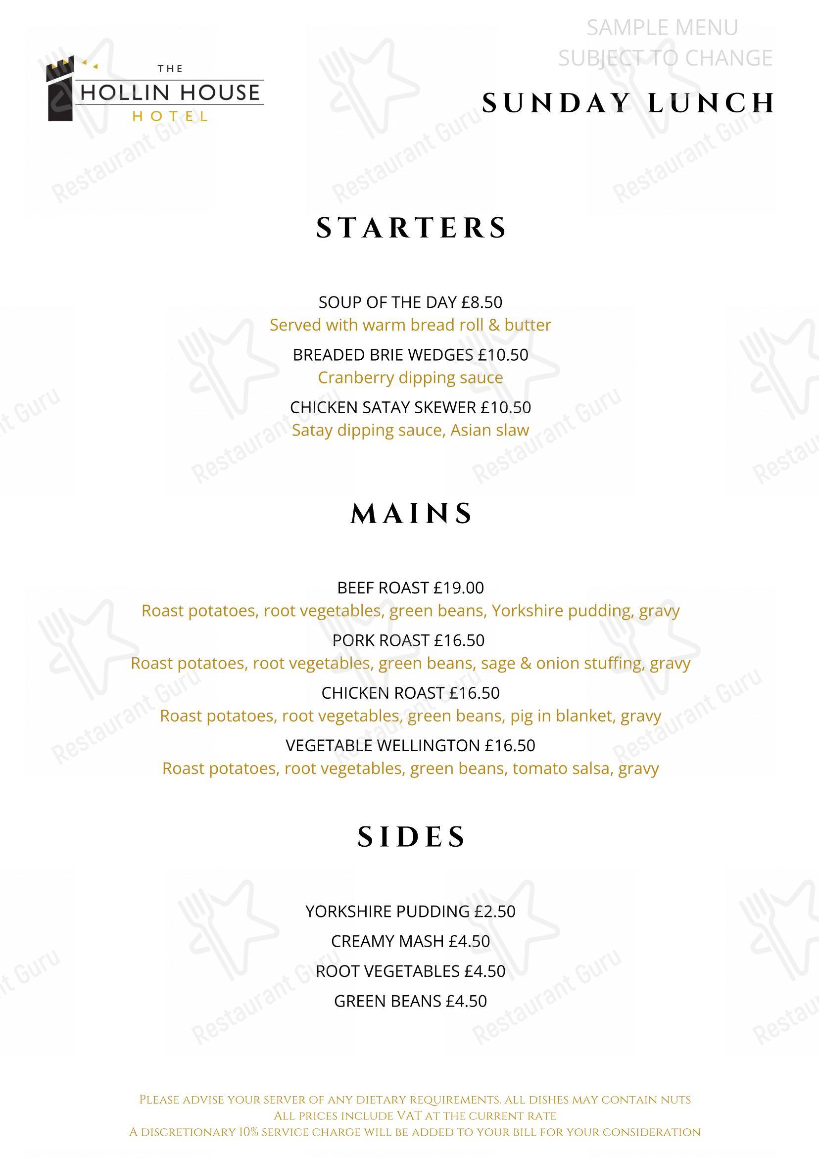 Menu at Hollin House Hotel restaurant, Macclesfield