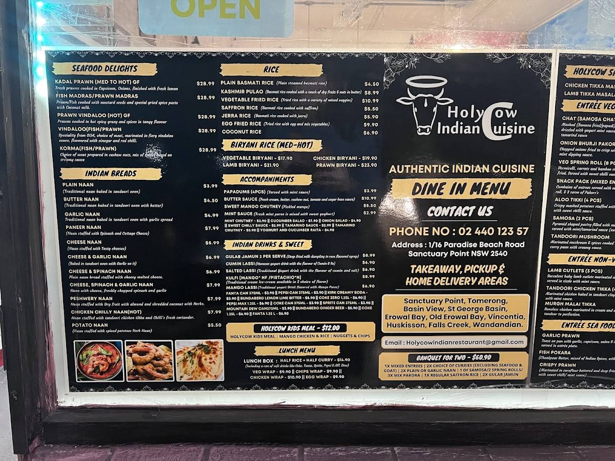 Menu at Holy Cow Indian Cuisine restaurant, Sanctuary Point