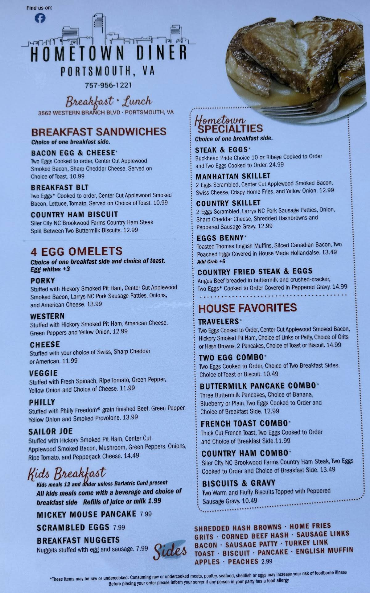 Menu at Hometown Diner restaurant, Portsmouth