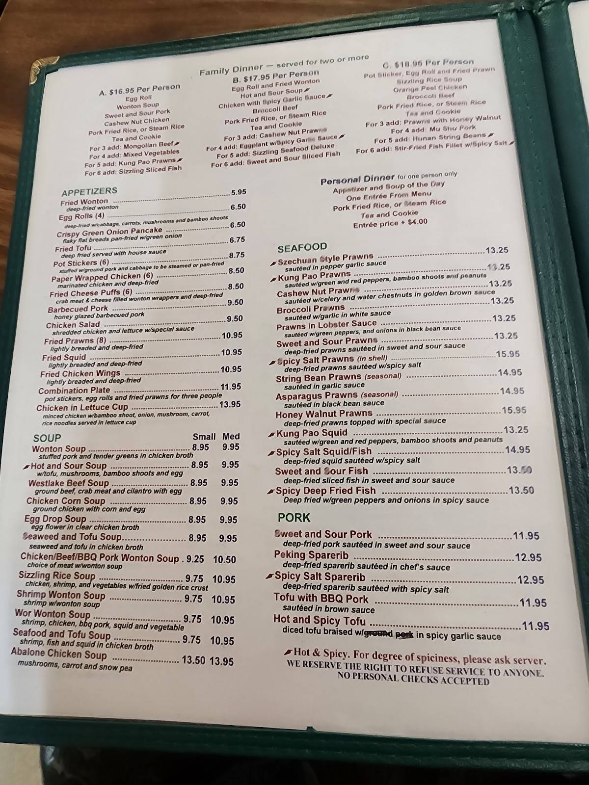 Menu at Hong Kong Garden restaurant, Sonora