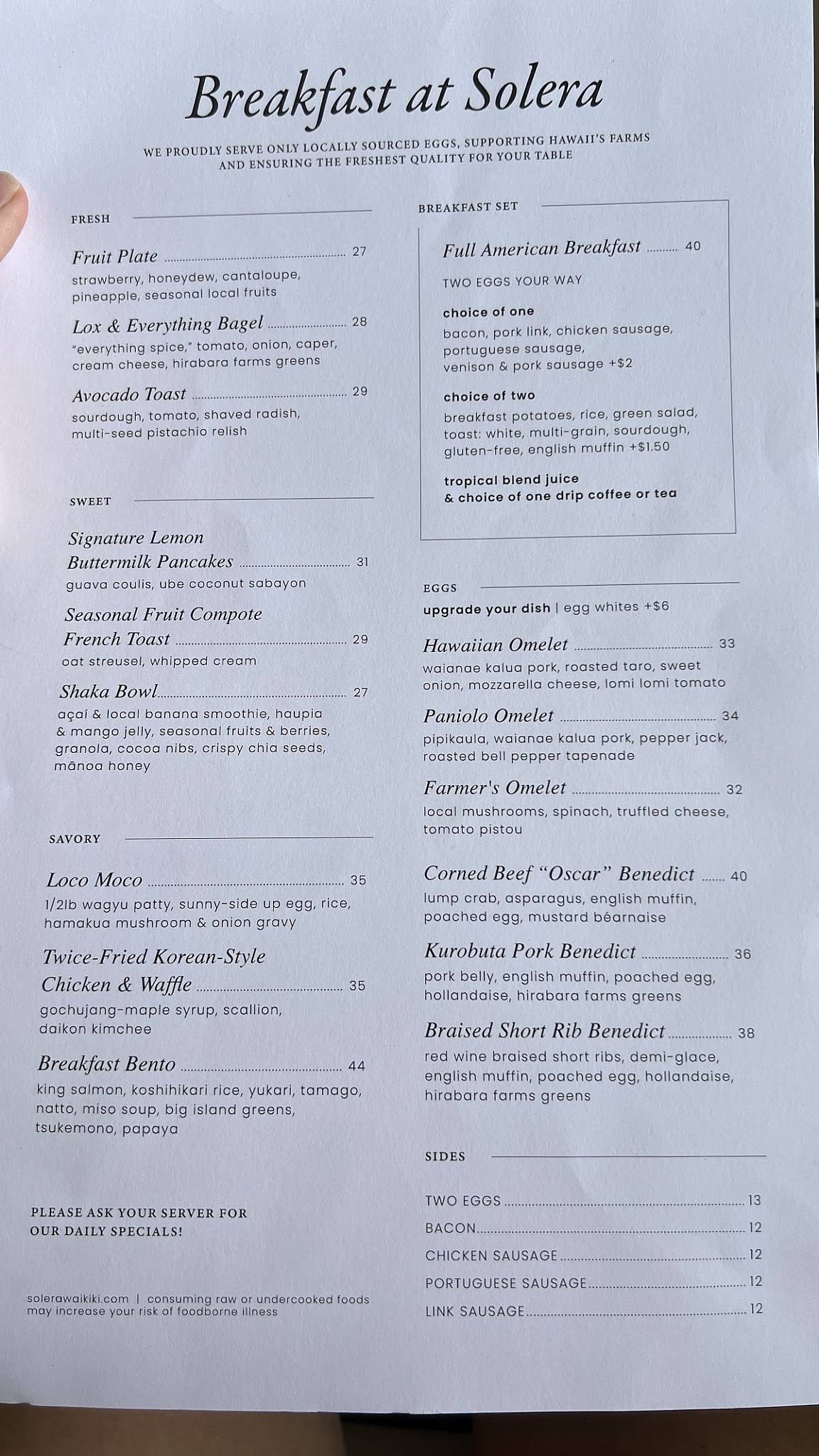Menu at Solera restaurant, Honolulu