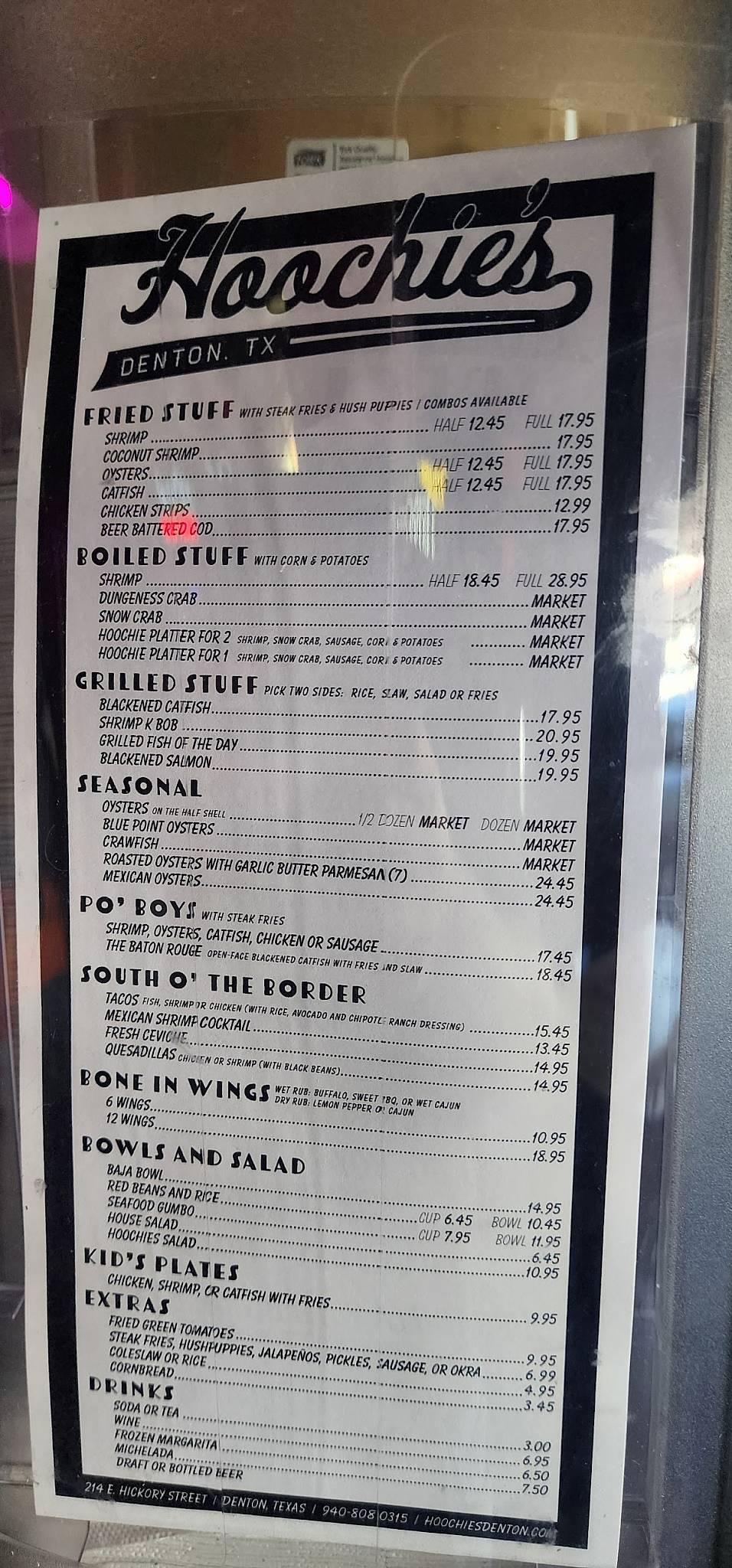 Menu at Hoochies restaurant, Denton, 214 E Hickory St