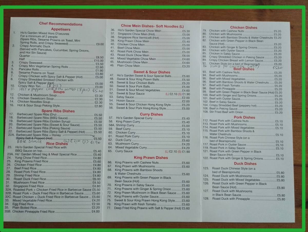 Menu at Ho's Garden restaurant, Peterborough