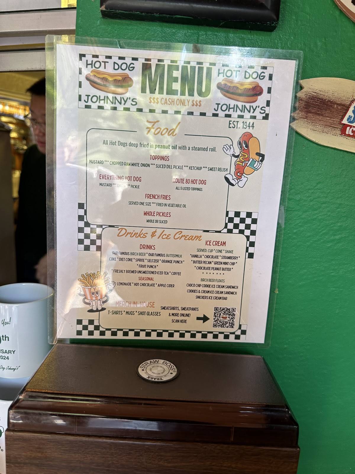 Menu at Hot Dog Johnny's fast food, Liberty, 333 US-46