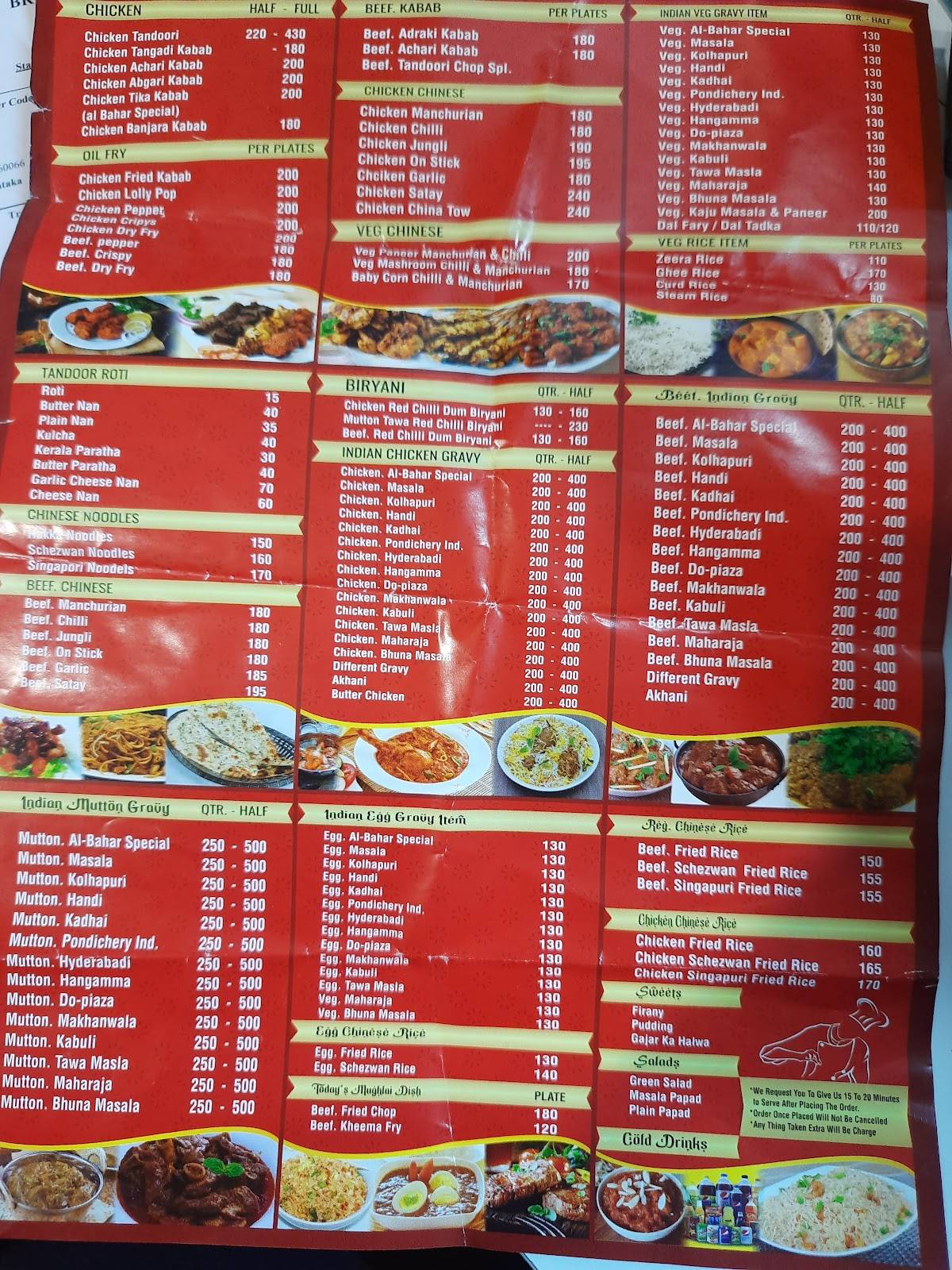 Menu at Hotel Al - Bahar, Belgaum