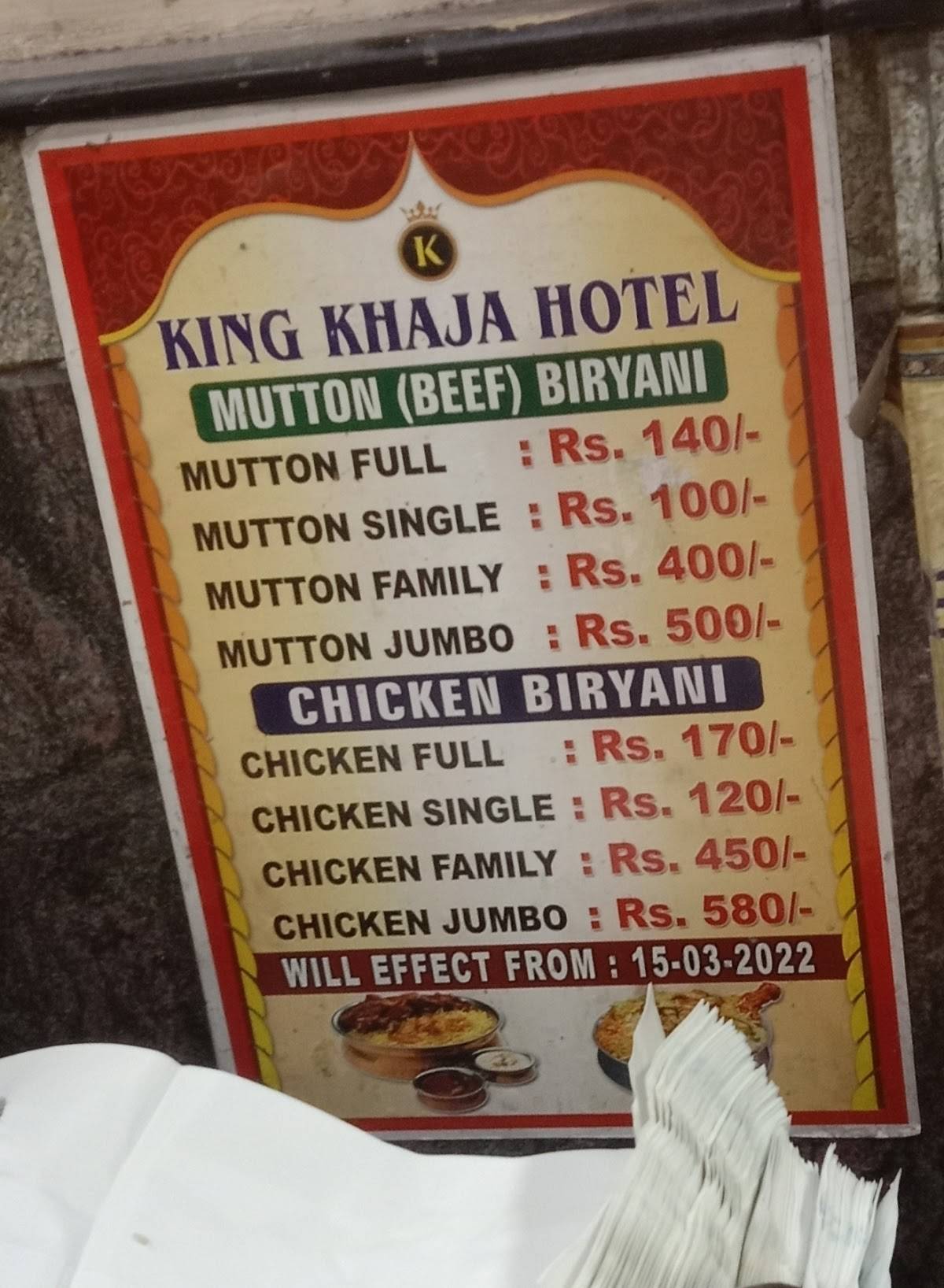 Menu at Hotel King Khaja, Hyderabad