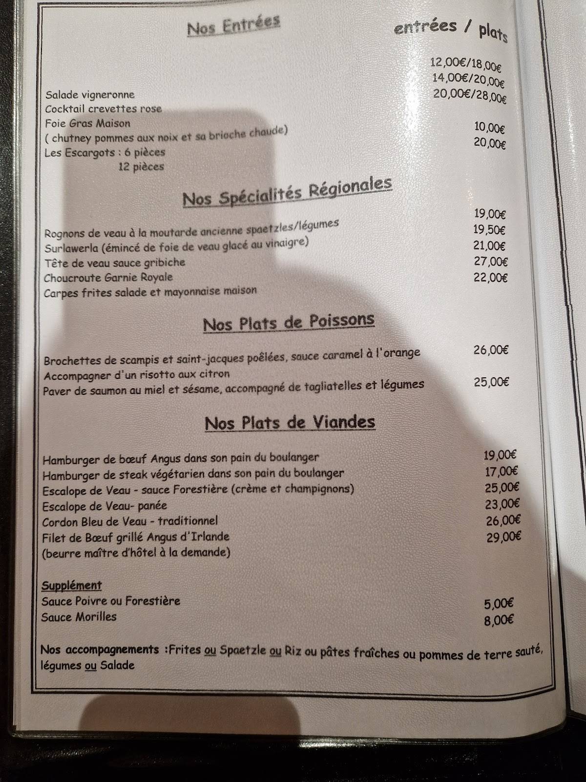 Menu au Hôtel Restaurant Kuentz-Bix, Wittersdorf
