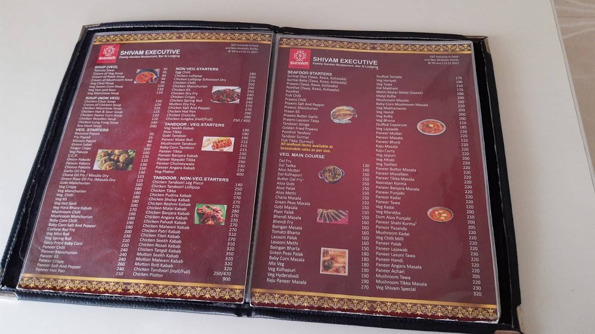 Menu at Hotel Shivam Executive, India