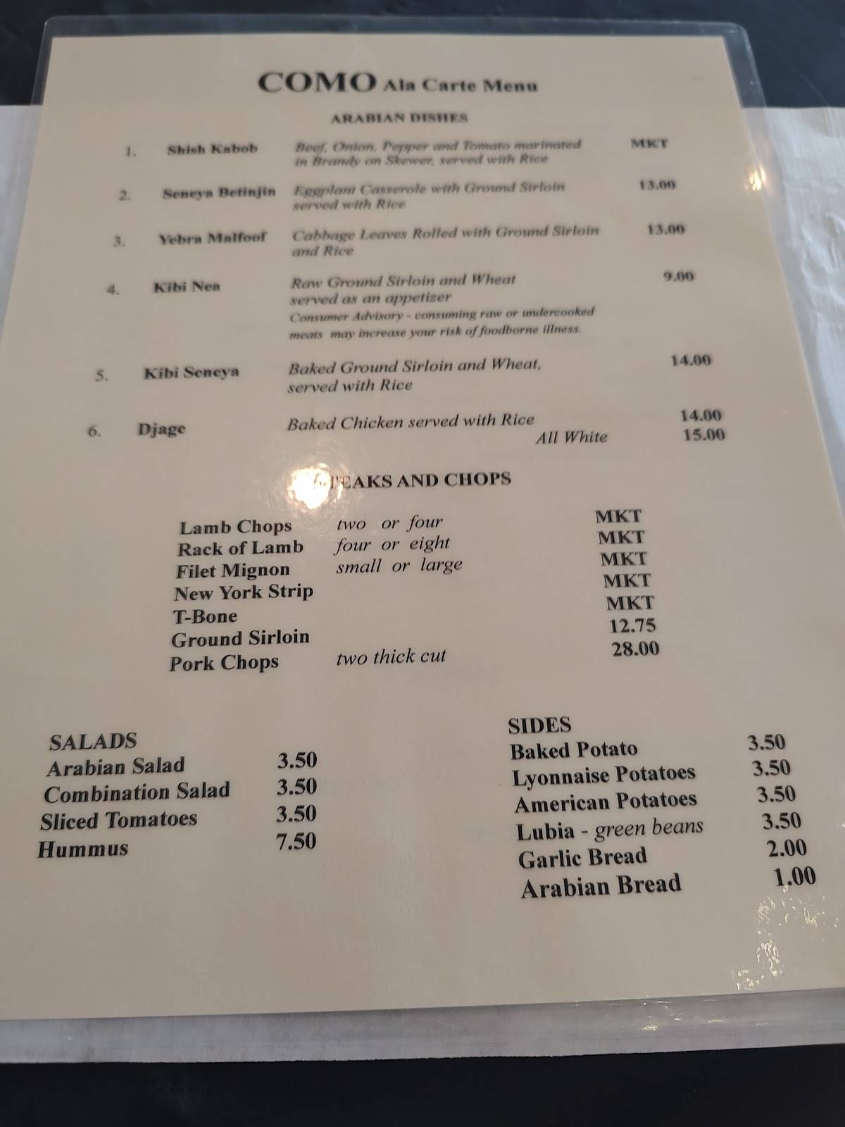 Menu at House of Como steakhouse, Evansville