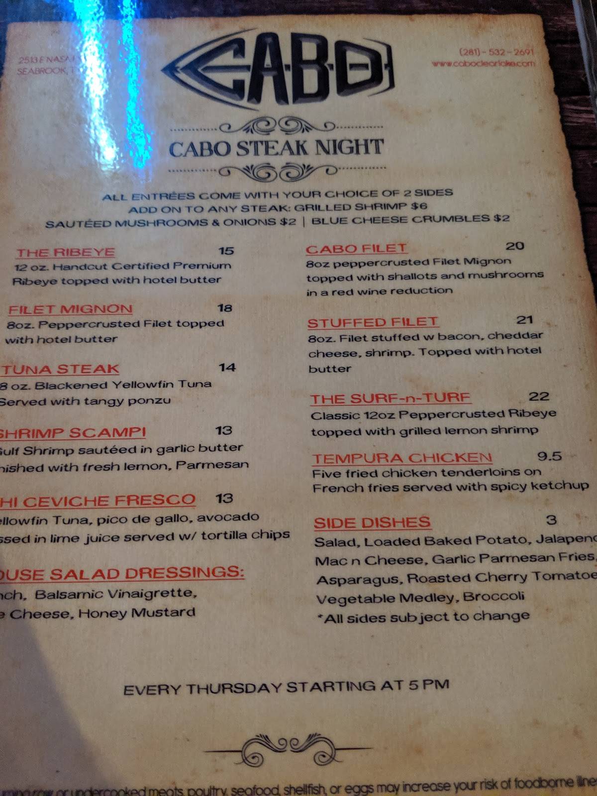 Menu at Cabo Clear Lake pub & bar, Seabrook, NASA Road 1