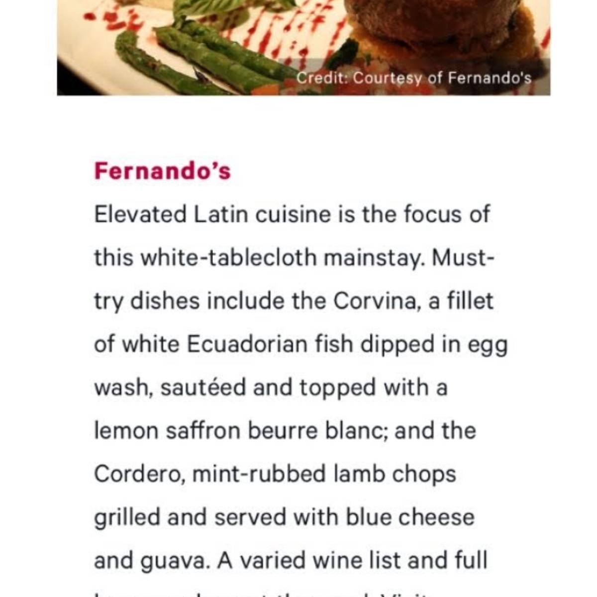 Menu at Fernando's steakhouse, Sugar Land