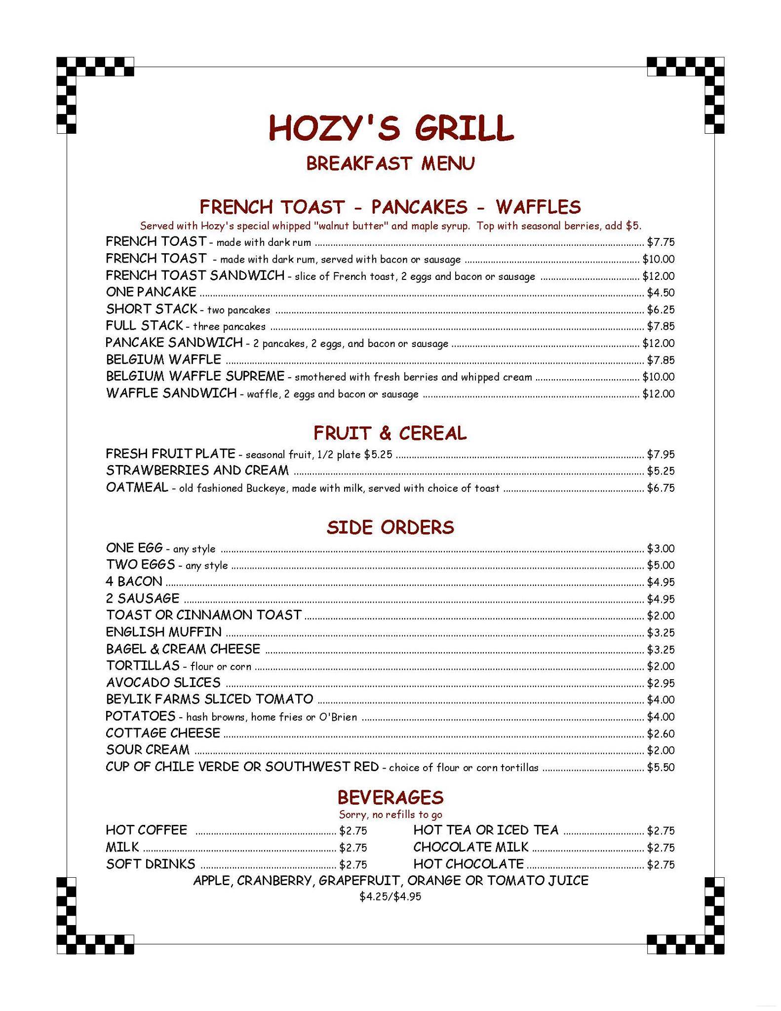 Menu at Hozy's Grill pub & bar, Santa Paula