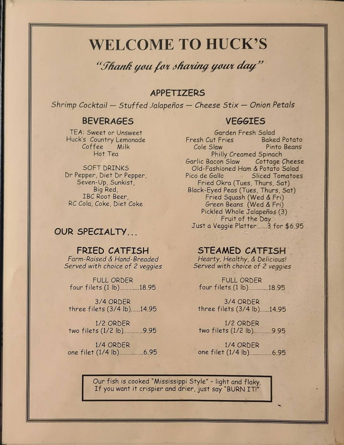 Menu at Huck's Catfish restaurant, Denison