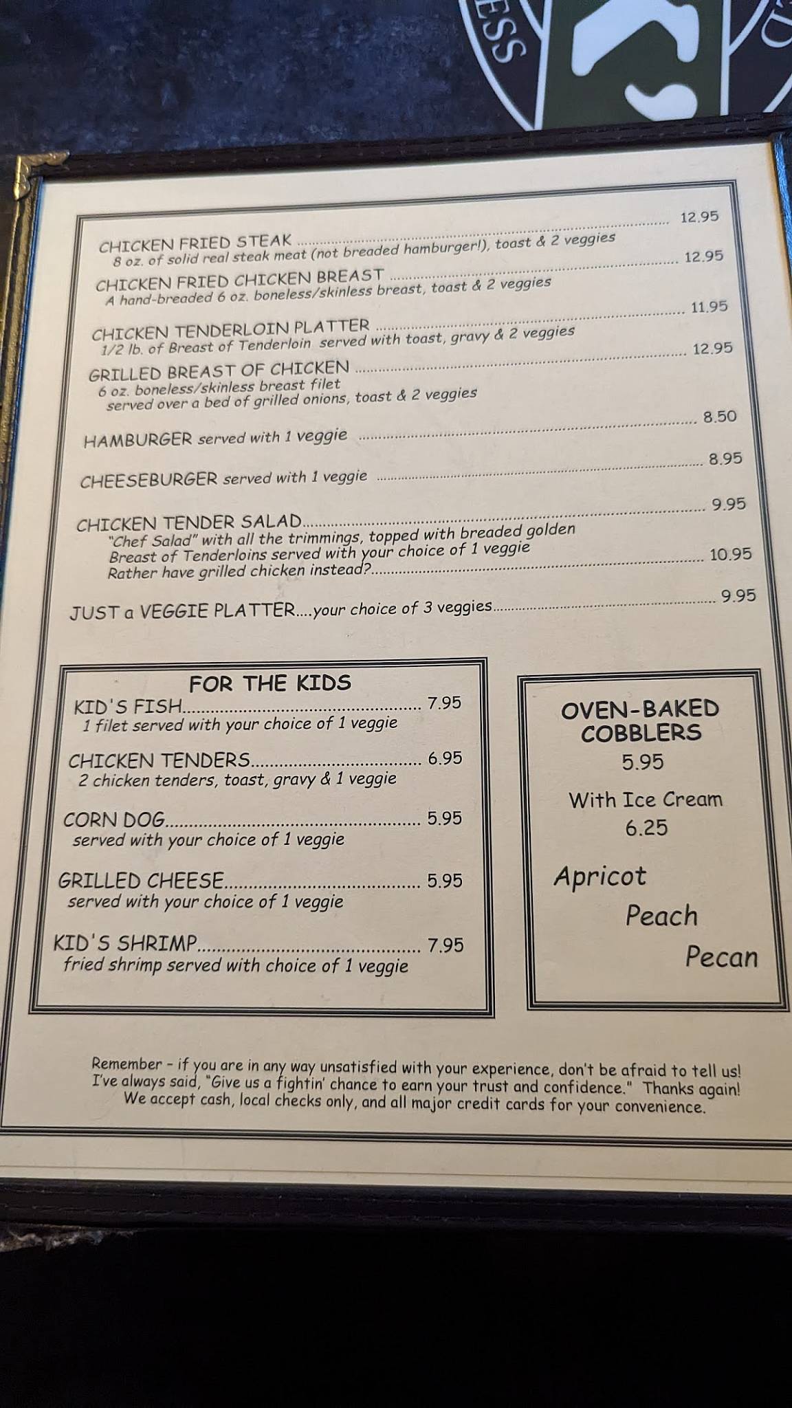 Menu at Huck's Catfish restaurant, Denison