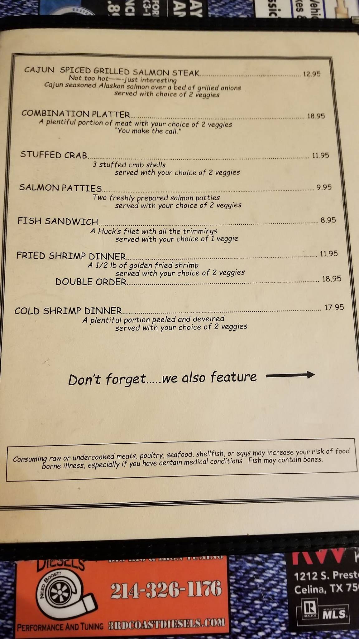 Menu at Huck's Catfish restaurant, Denison
